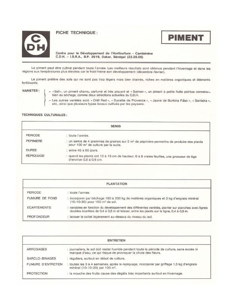 Fiche Technique Piment ISRA CDH | PDF
