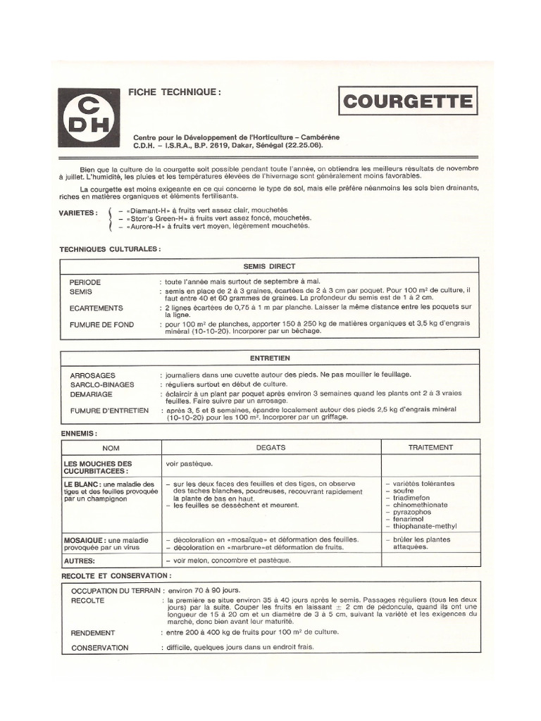 Fiche Tecnique Courgette ISRA CDH | PDF