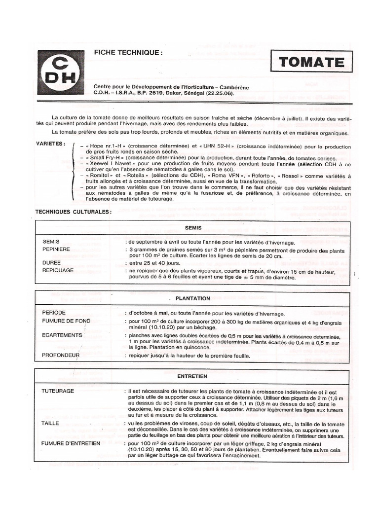 Fiche Technique Tomate ISRA CDH | PDF