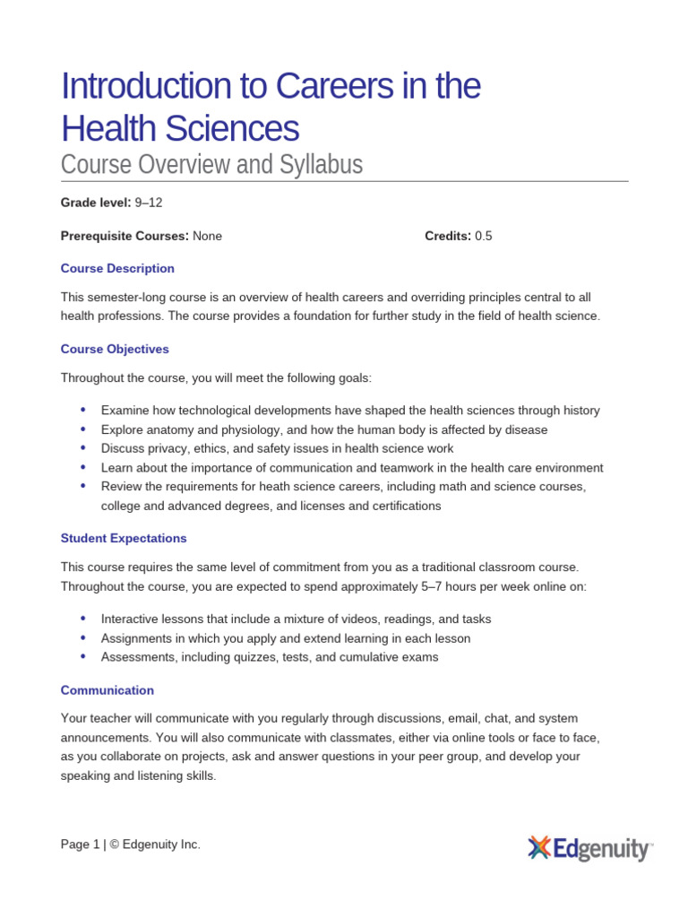 Edgenuity Syllabus - Introduction To Careers in The Health Sciences | PDF | Science | Teachers