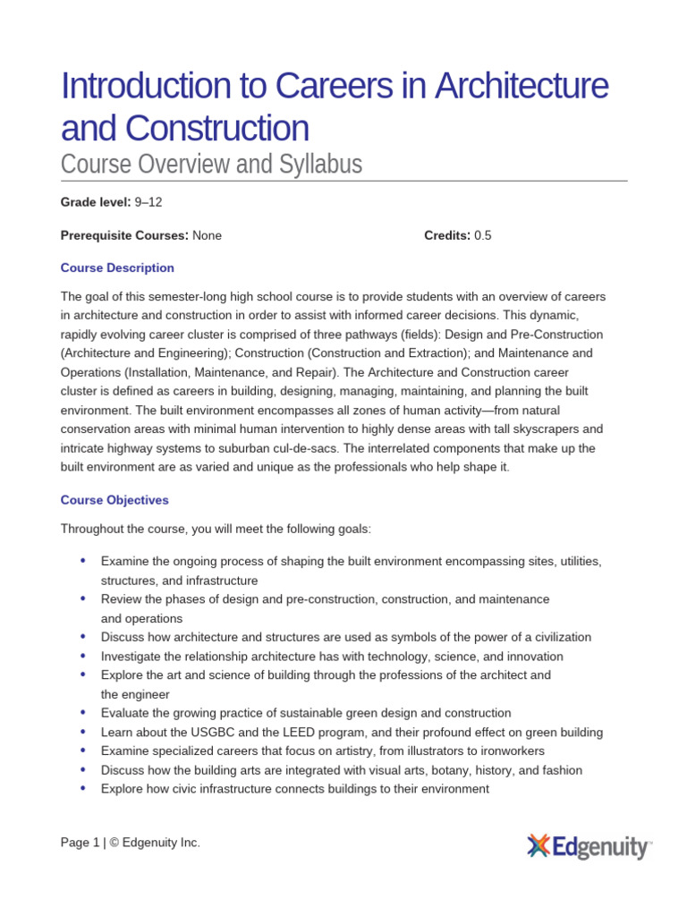 Edgenuity Syllabus - Introduction To Careers in Architecture and ...