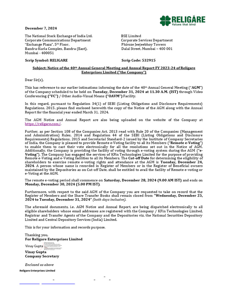 RELIGARE_07122024171106_RELIGAREAGMNOTICEAR | PDF | Login | Electronic ...