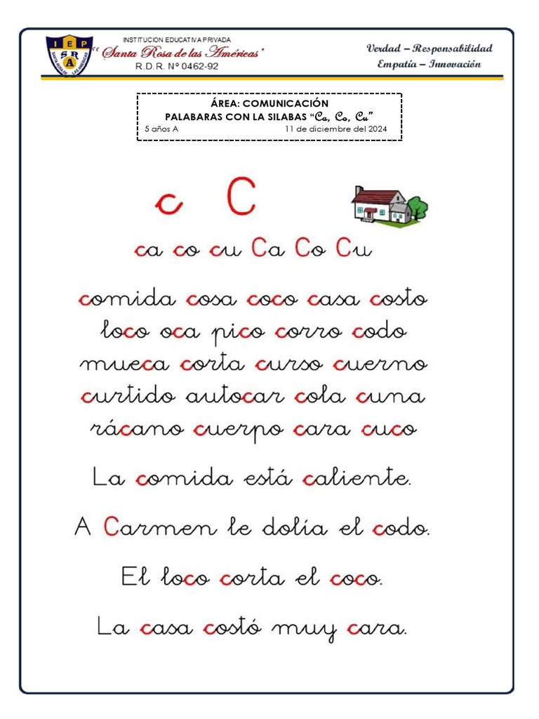 5 años A- Ica- 11- 12- 2024- COMUNICACIÓN - PALABARAS CON LA SILABAS - CA-QUE-QUI-CO-CU-1 | PDF