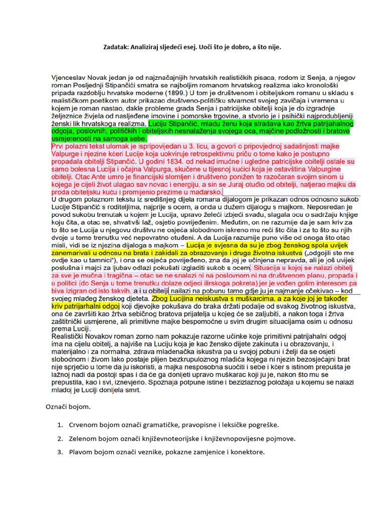 Zadatak - Analiziraj Primjer Eseja (Posljednji Stipančići) | PDF