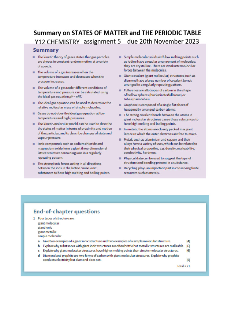 Y12-Summary On STATES OF MATTER and THE PERIODIC TABLE | PDF