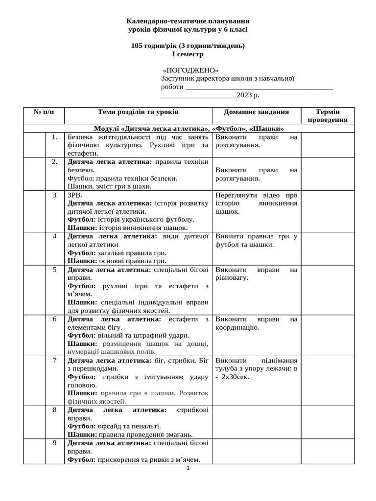 Календарно тематичне планування 6 клас ФІЗИЧНА КУЛЬТУРА НУШ Pdf