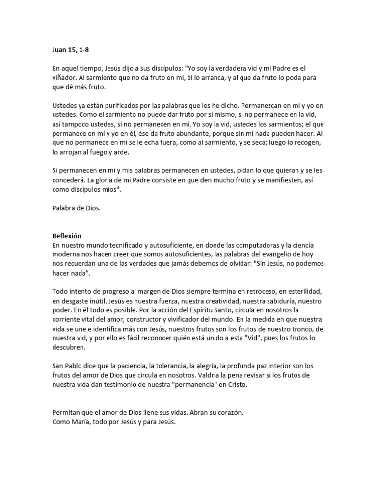 Juan 15, 1-8 y Reflexión. | PDF