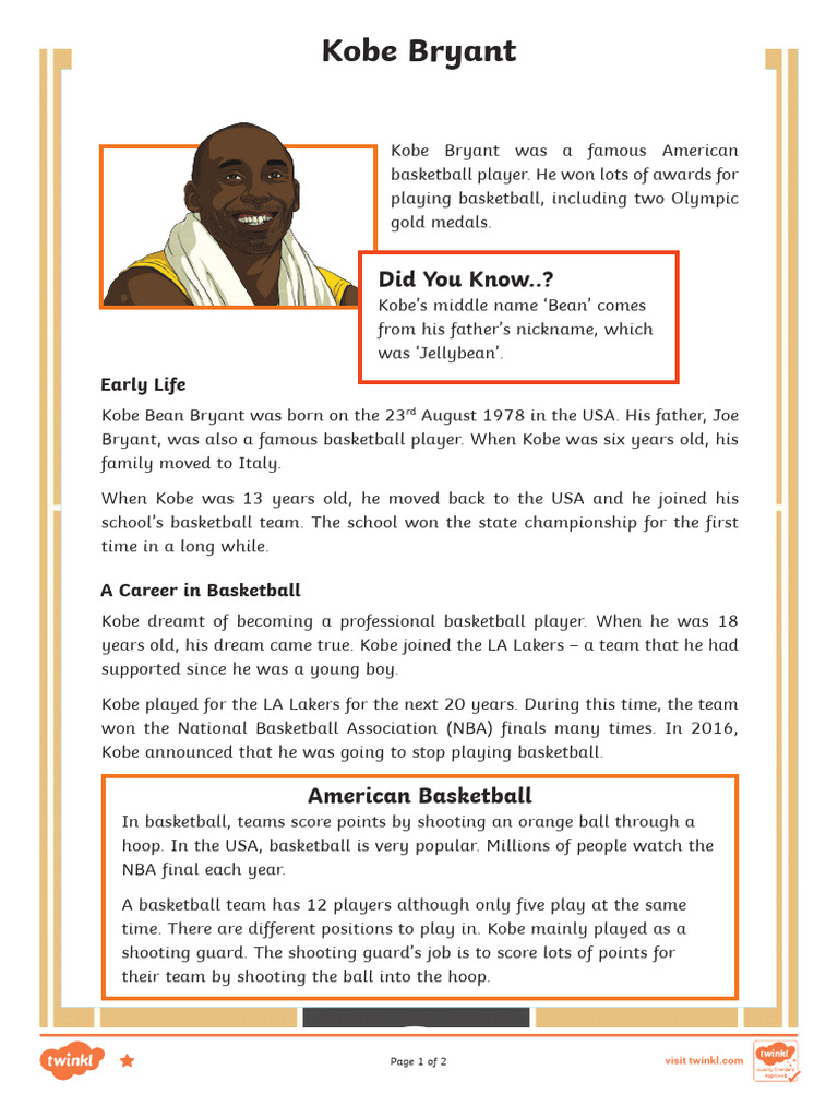 Year 4 Reading Kobe Bryant Comprehension 3 Levels With Answers | PDF ...