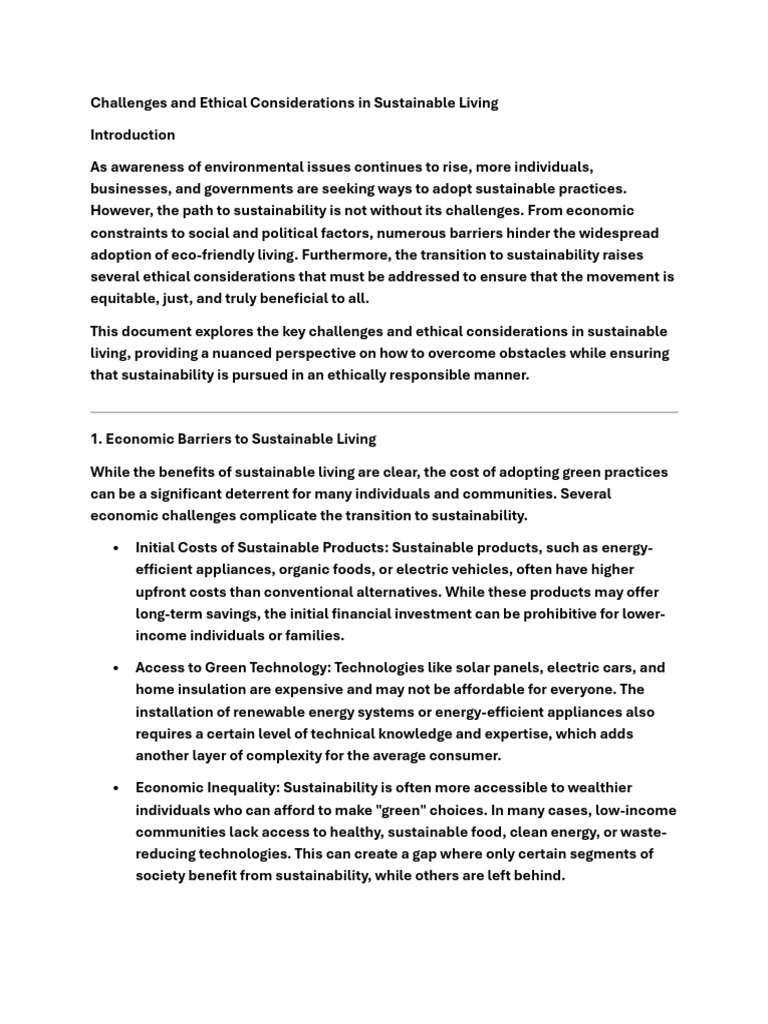 Challenges and Ethical Considerations in Sustainable Living | PDF ...
