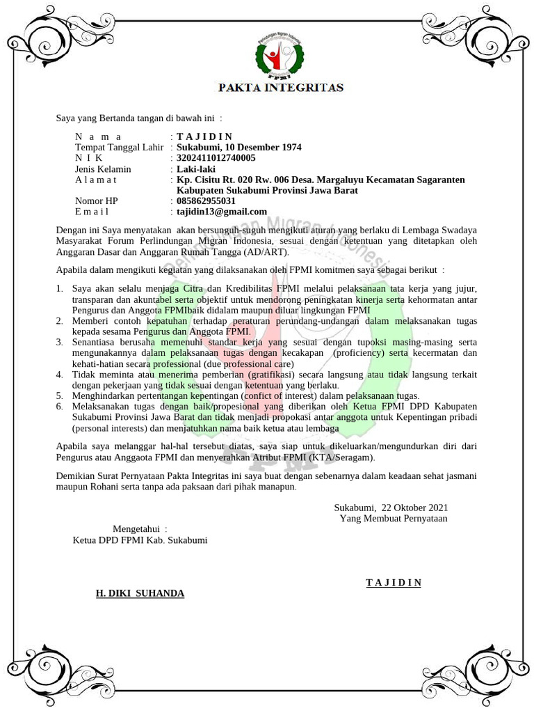 Contoh Fakta Integritas Organisasi | PDF