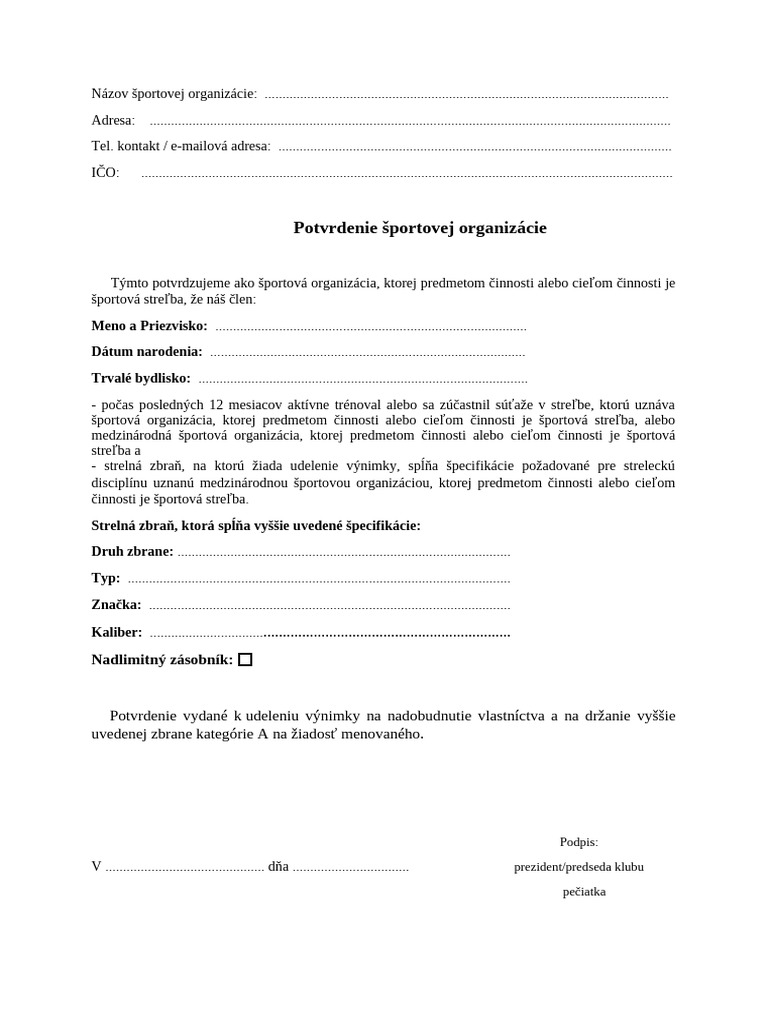 VZOR Potvrdenia Sportoveho Klubu - 21.12. | PDF