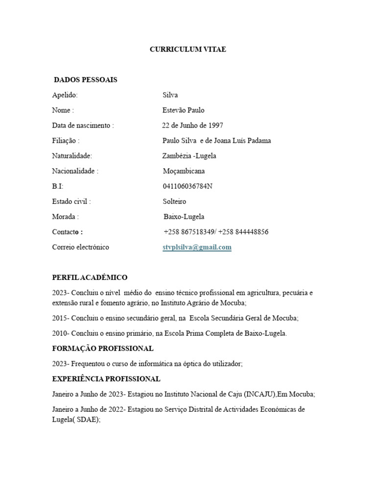 Curriculum Vitae Estevão Paulo Silva | PDF