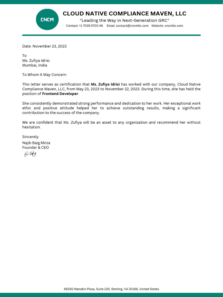 Zufiya Idrisi Experience Letter CNCM - Zufiya Idrisi | PDF