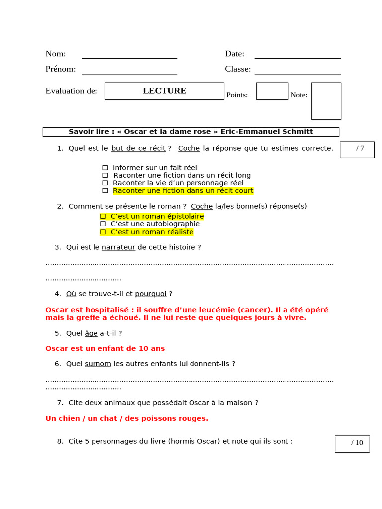 Questionnaire de lecture : Oscar et la dame rose | PDF