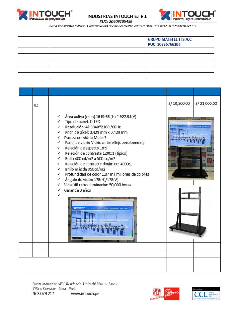 Cotizacion 02 Pantalla Interactivas 75 Pulgadas Marca Intouch | PDF | Tecnología de pantalla | Vídeo
