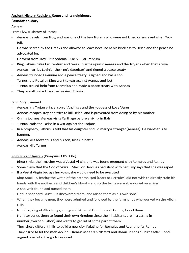 Ancient History Rome Revision | PDF | Aeneas | Romulus And Remus