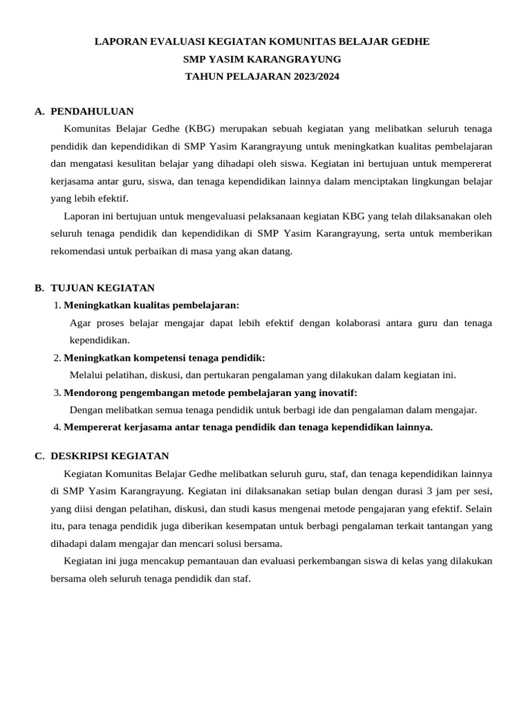 Laporan Evaluasi Kegiatan Komunitas Belajar Gedhe | PDF