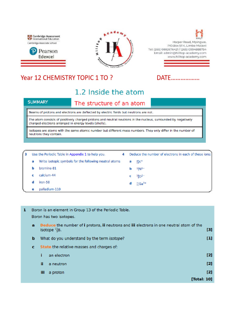 Year 12 CHEMISTRY TOPIC 1 TO | PDF