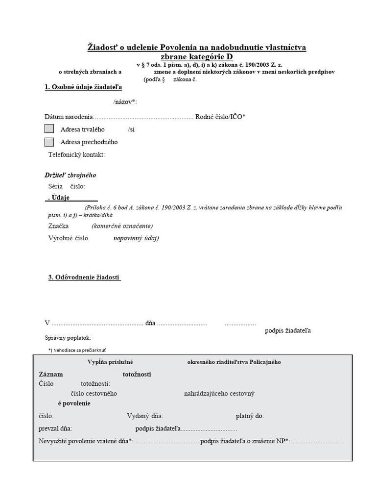 Ziadost - o Udelenie - Povolenia - Na Zbran-Kategorie - D | PDF