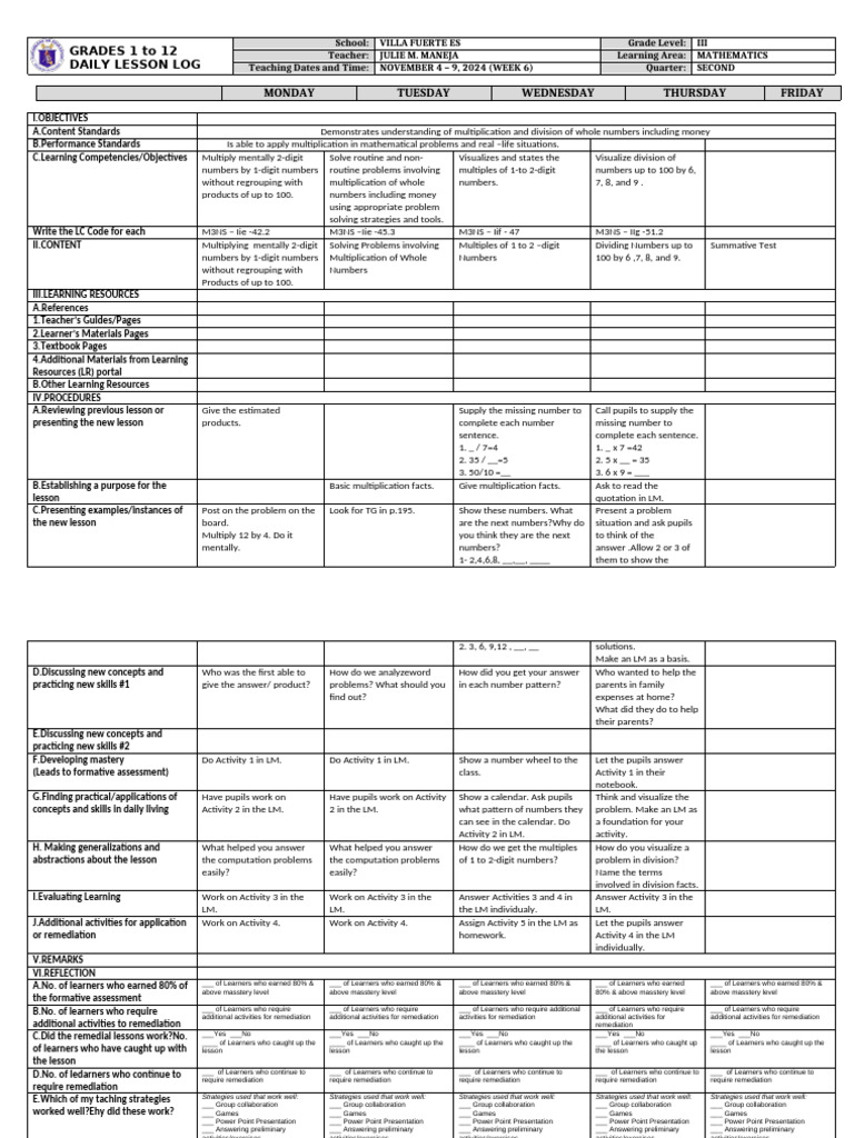 DLL - Mathematics 3 - Q2 - W6 | PDF | Learning | Cognitive Science