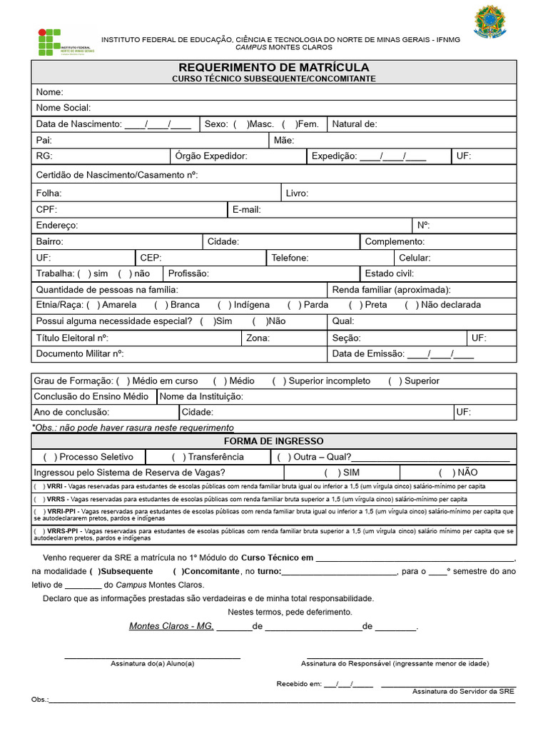 REQUERIMENTO - MATRICULA - Termo de Ciência e Compromisso - Ficha de Saúde - SUBSEQUENTE ...