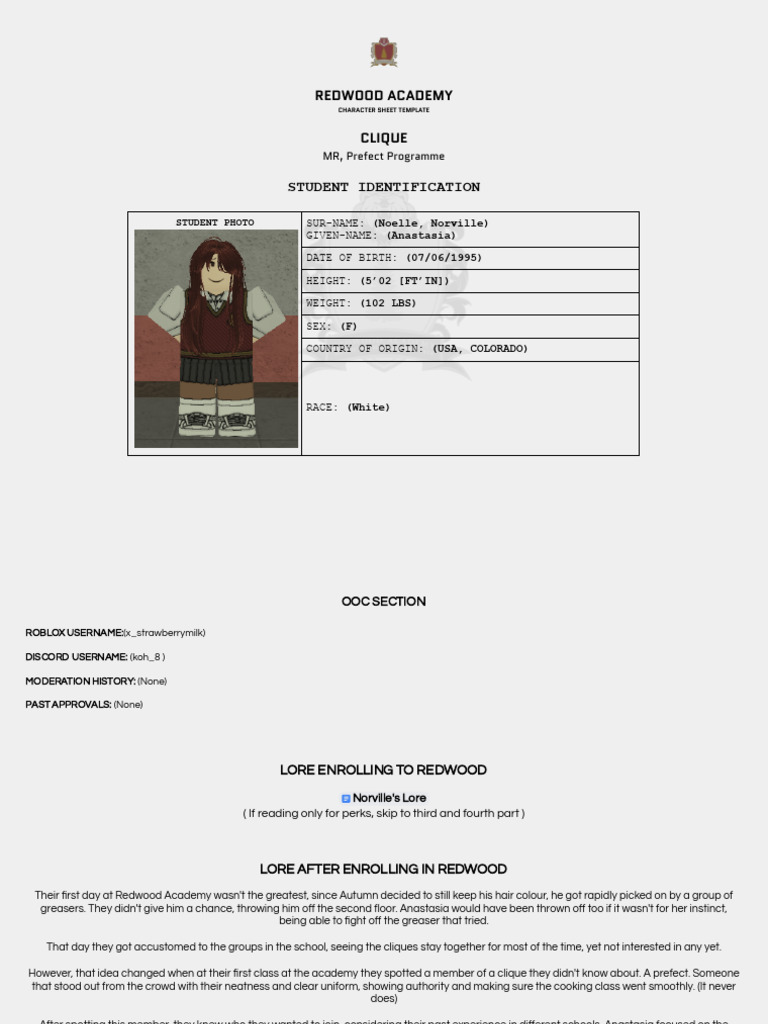 Redwood Academy Character Sheet Template | PDF