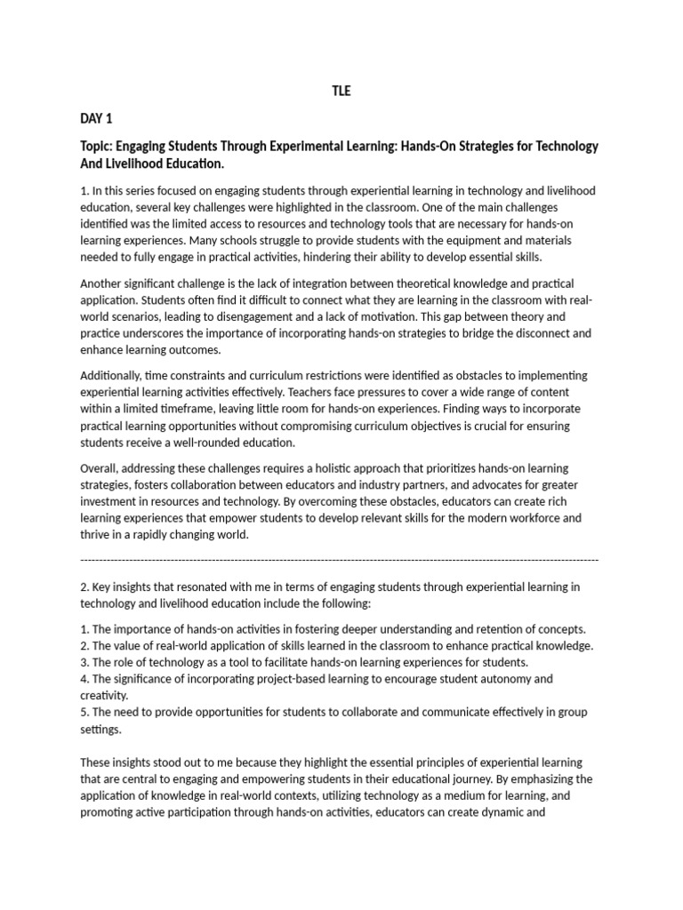 TLE- INSET DAY 1 | PDF | Learning | Project Based Learning
