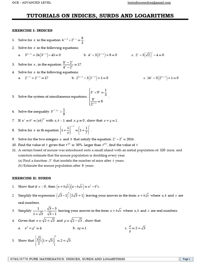 Tutorials On Indices Surds And Logarithms Pdf Equations Mathematics