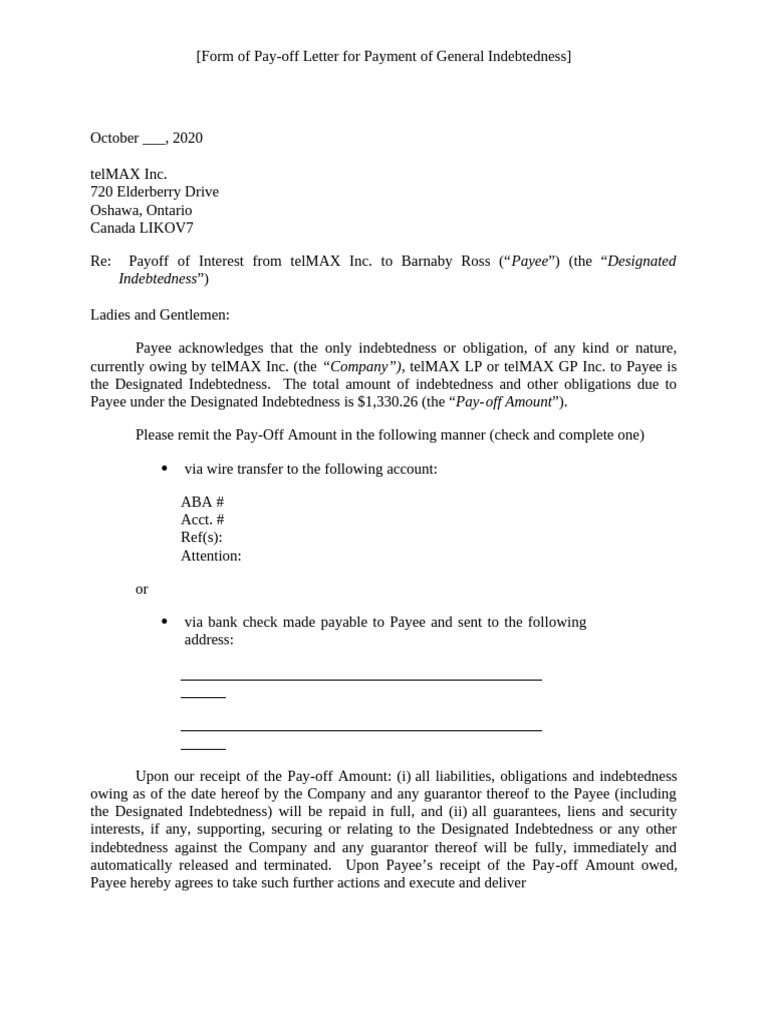 Pay-Off Letter For General Indebtedness - Ross, Barnaby | PDF ...