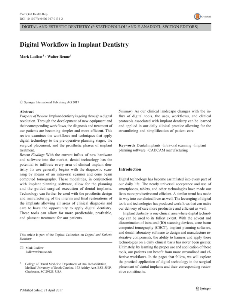Digital Workflow in Implant Dentistry | PDF | Dental Implant | Dentistry