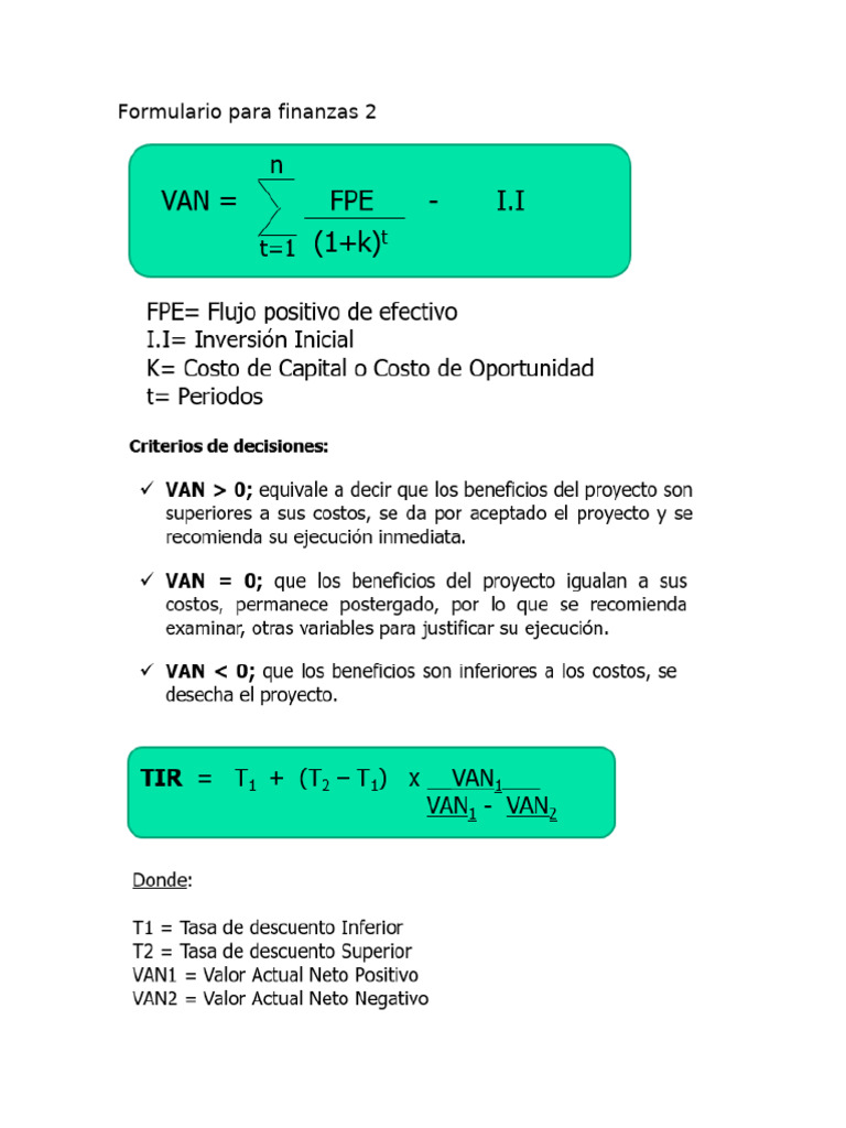 Formulario de Finanzas 2 | PDF