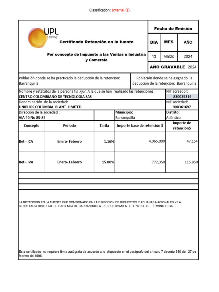 UNIPHOS COLOMBIA PLANT ICA E IVA BIM 1 | PDF