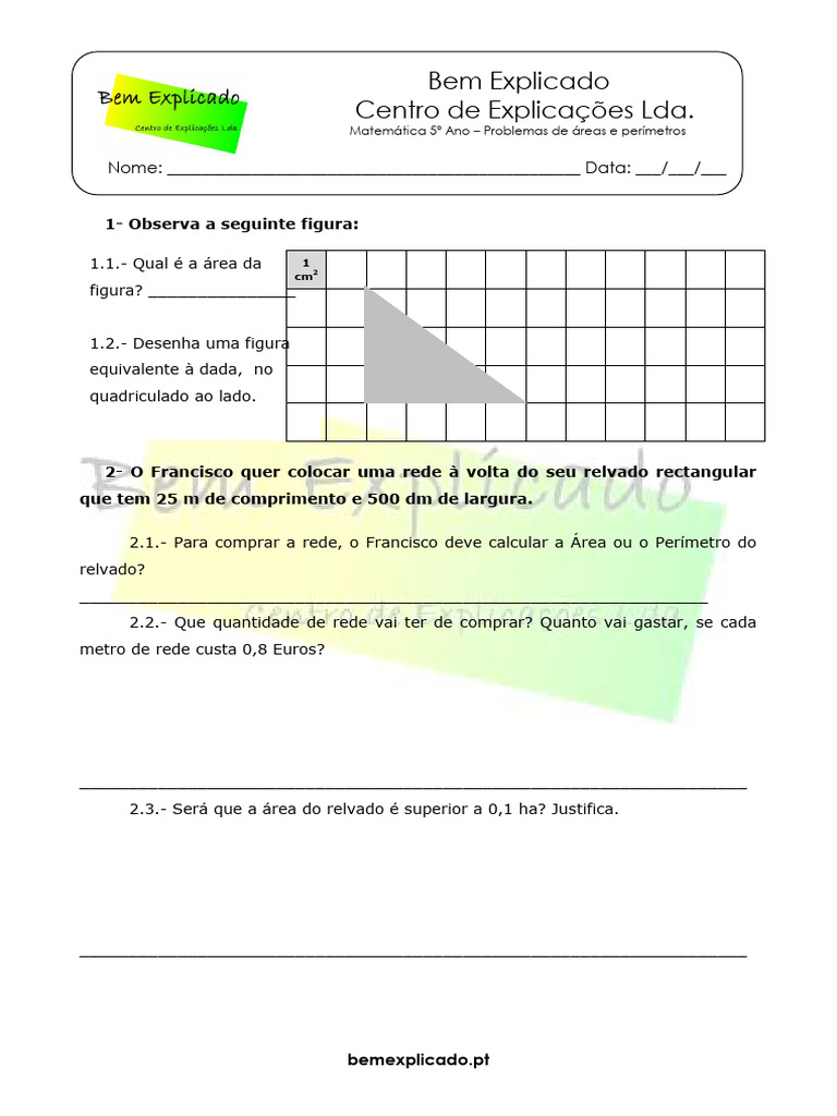 Problemas de Área e Perímetro 5º Ano | PDF