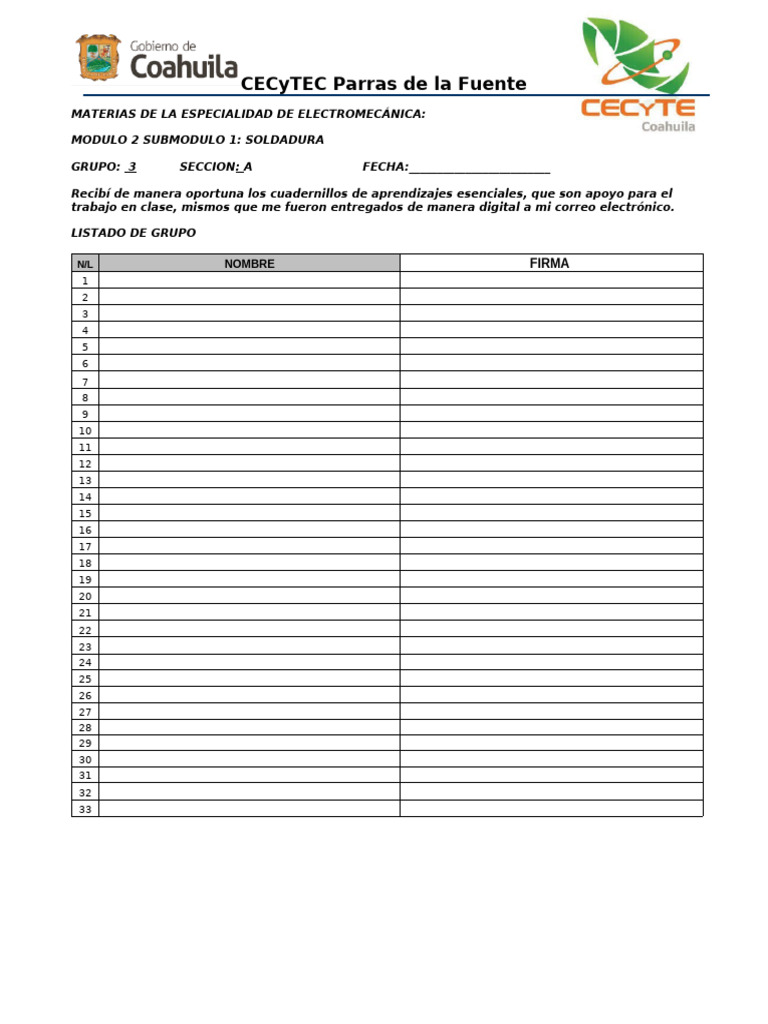 FORMATO LISTADO DE GRUPO 3A SUB1 | PDF