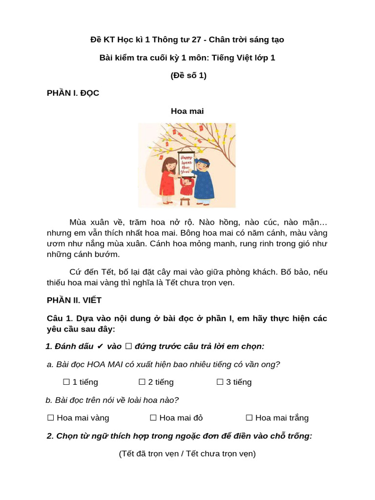 Đề KT-HK1-TV1-THEO TT 27-10 ĐỀ | PDF