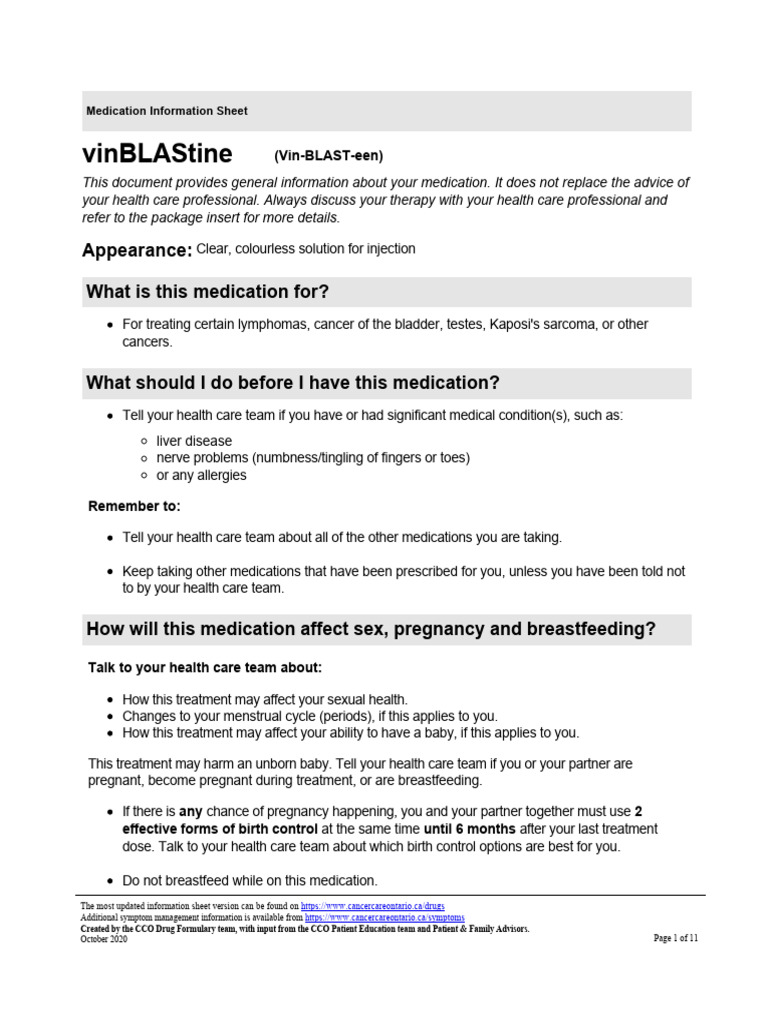 Vinblastine Patient Handout | PDF | Nausea | Constipation