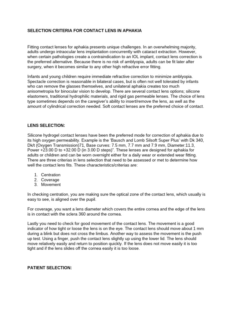Selection Criteria For Aphakic Contact Lens | PDF | Contact Lens ...