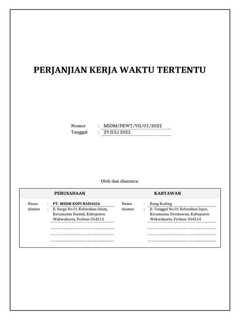 Draft Perjanjian Kerja Untuk Waktu Tertentu (PKWT) TUGAS 1 | PDF