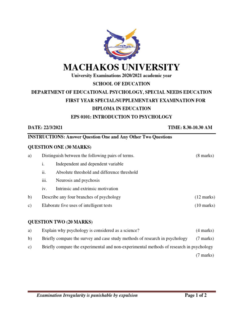 EPS 0101 INTRODUCTION TO PSYCHOLOGY | PDF | Motivational | Motivation