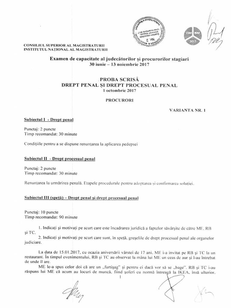 Subiecte Procurori DP+DPP (1.10.2017) | PDF