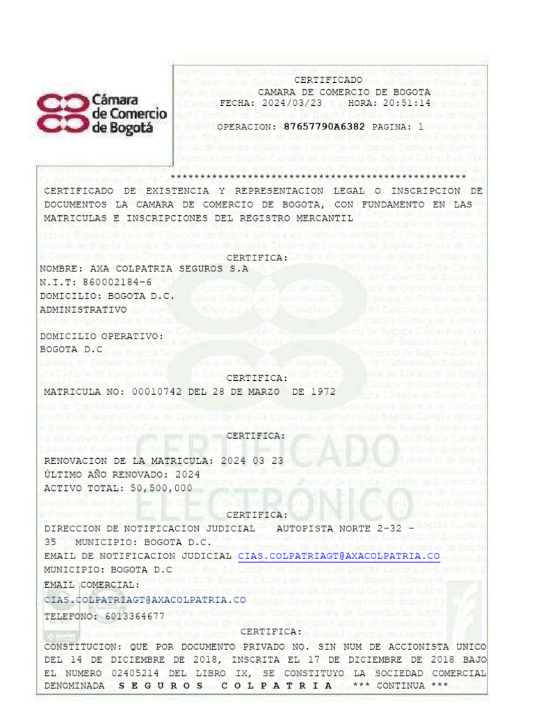 Camara de Comercio Seguros Axa Colpatria 2024 | PDF | Sociedad de ...