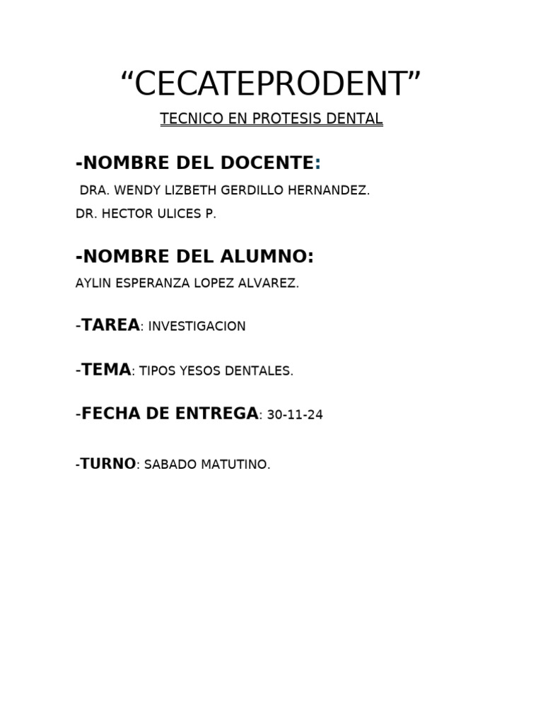 Tipos de Yesos Dentales Explicados | PDF | Yeso | Materiales