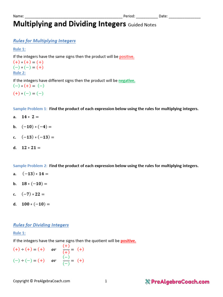 1 11 Guided Notes SE Multiplying and Dividing Integers | PDF | Division ...