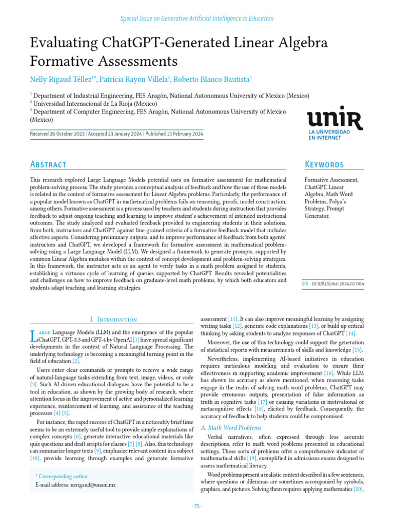 Ijimai8 - 5 - 8 Evaluating ChatGPT-Generated Linear Algebra Formative ...
