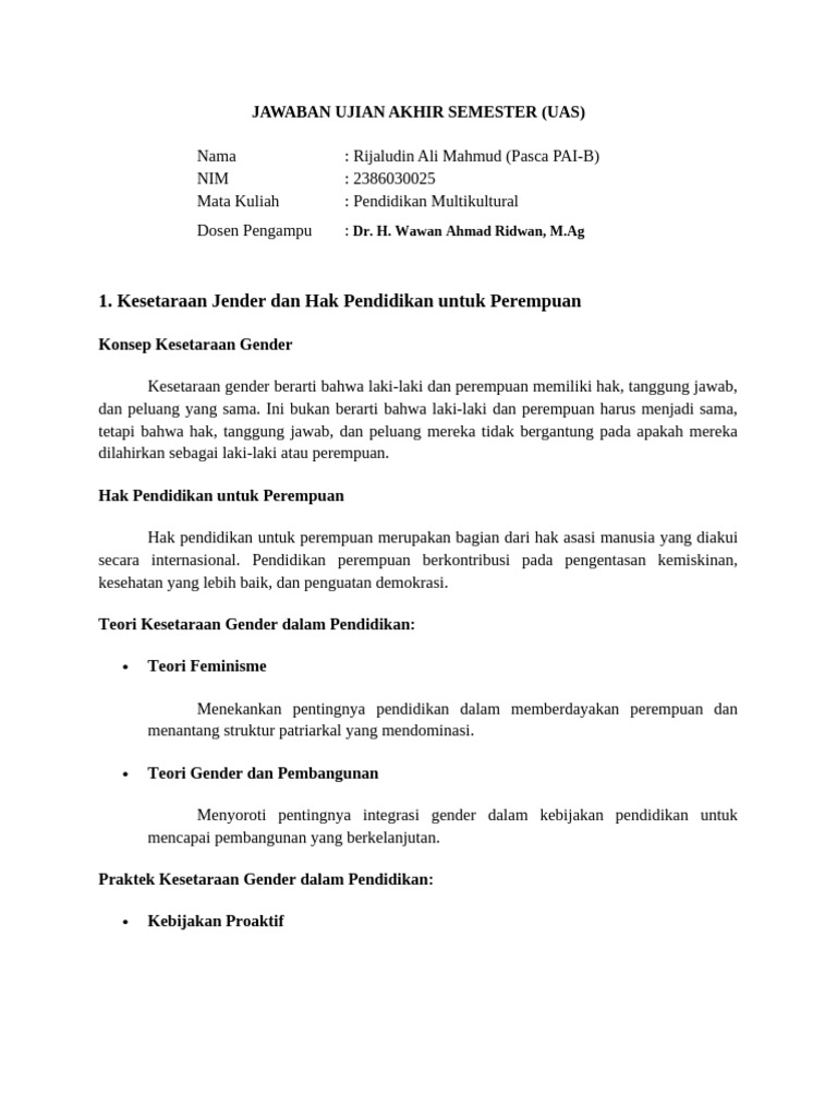 Jawaban Uas MK Pendidikan Multikultural Pak Wawan SMT 2 | PDF