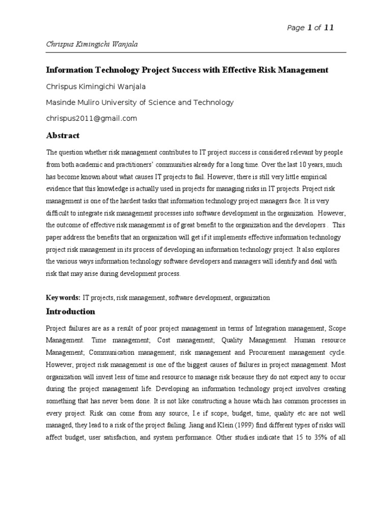 Information Technology Project Success With Effective Risk Management ...
