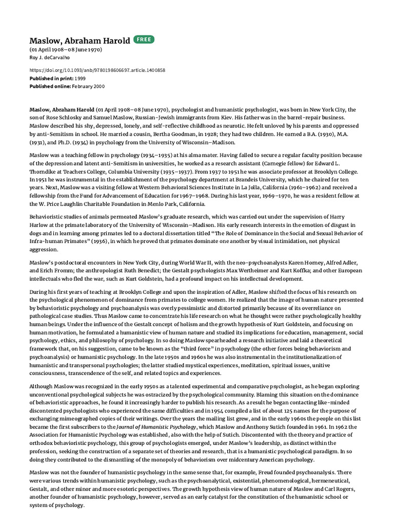 Decarvalho 2000 Maslow Abraham Harold - 1908 - 1970 | PDF