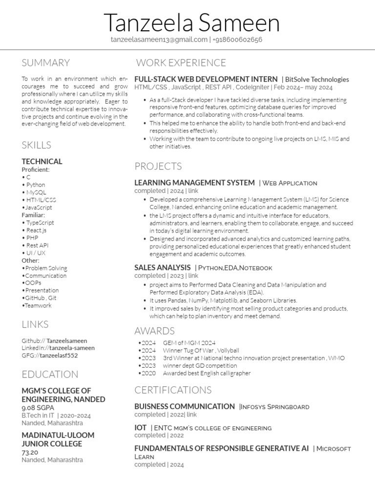 Tanzeela Resume PDF | PDF | Web Development | Computing