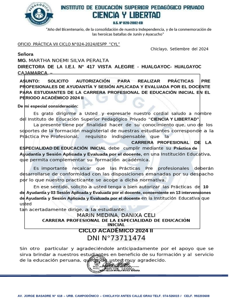 Oficio Práctica Vii Ciclo N°024 Marin Medina Danixa Celi | PDF