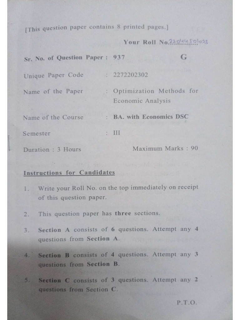 Optimization Semester 3 Economics Major Question PPR 2024 | PDF